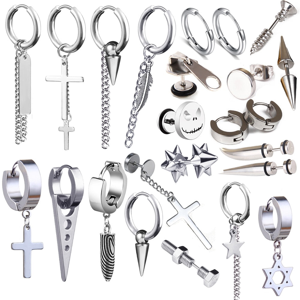 32 Pairs Set Gothic Punk Silver Multiple Styles 316L Stainless Steel S ...